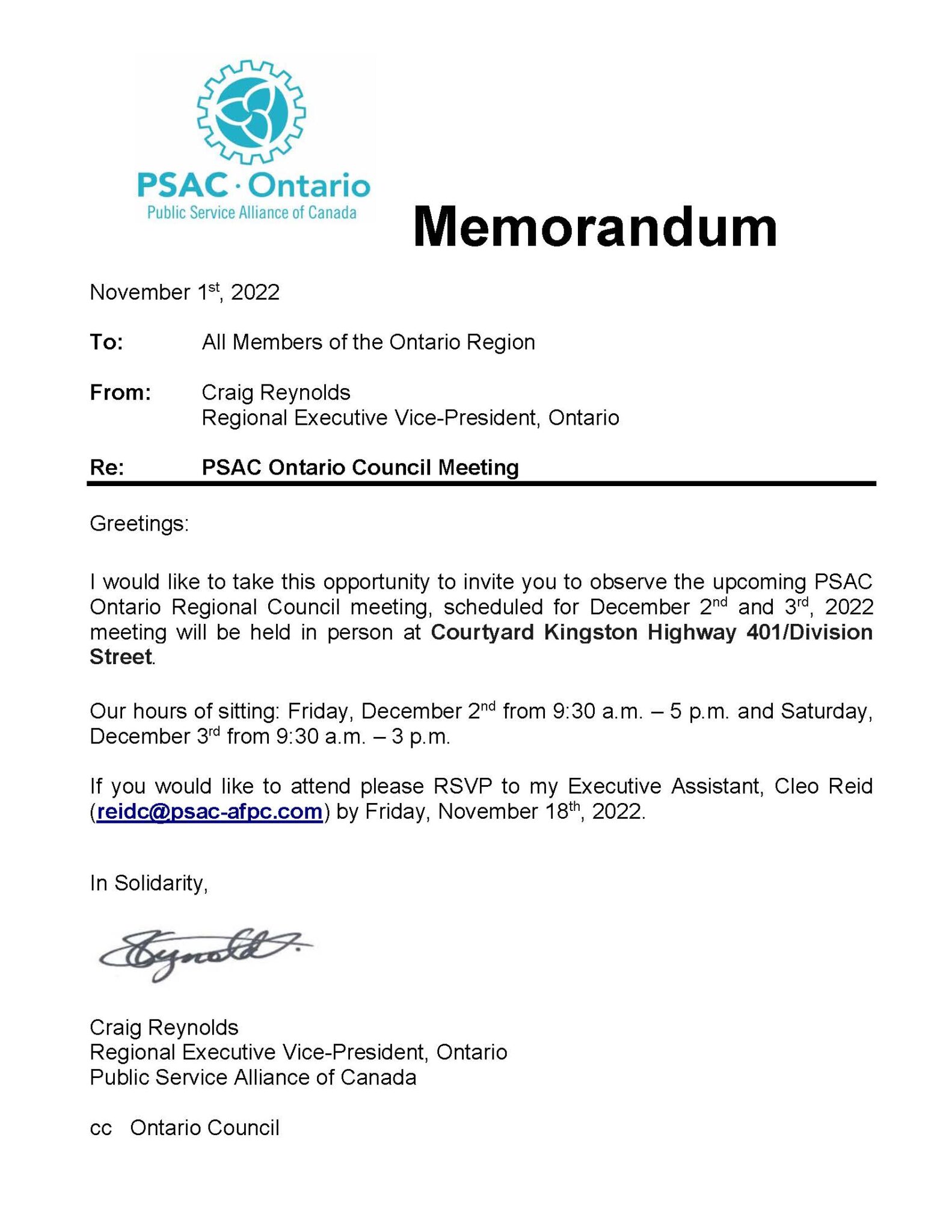 Invitation to Ontario Council Meeting – PSAC Ontario